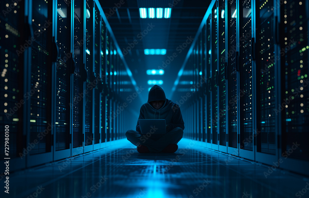 Hooded computer hacker trying to load malware and breach the cyber ...