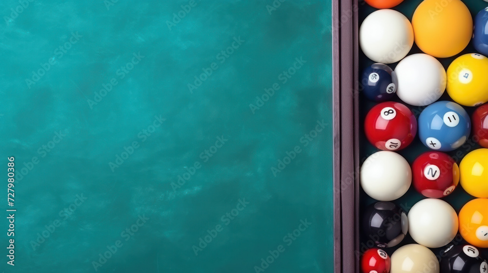 Top view of pool billiards snooker balls on green table with setup ...