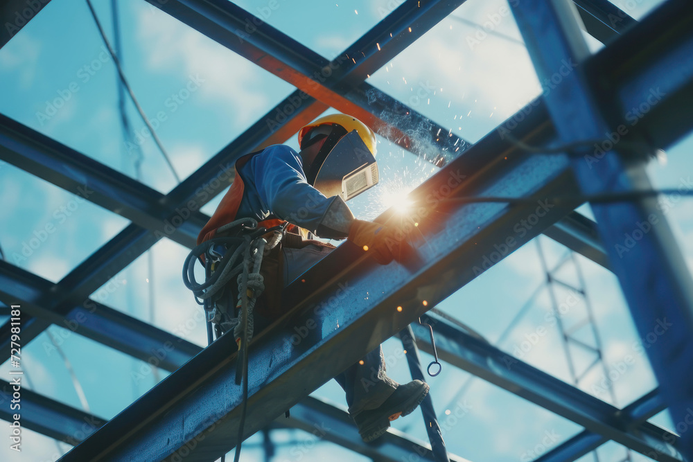 A welder is welding steel. Working at height equipment. Fall arrestor ...
