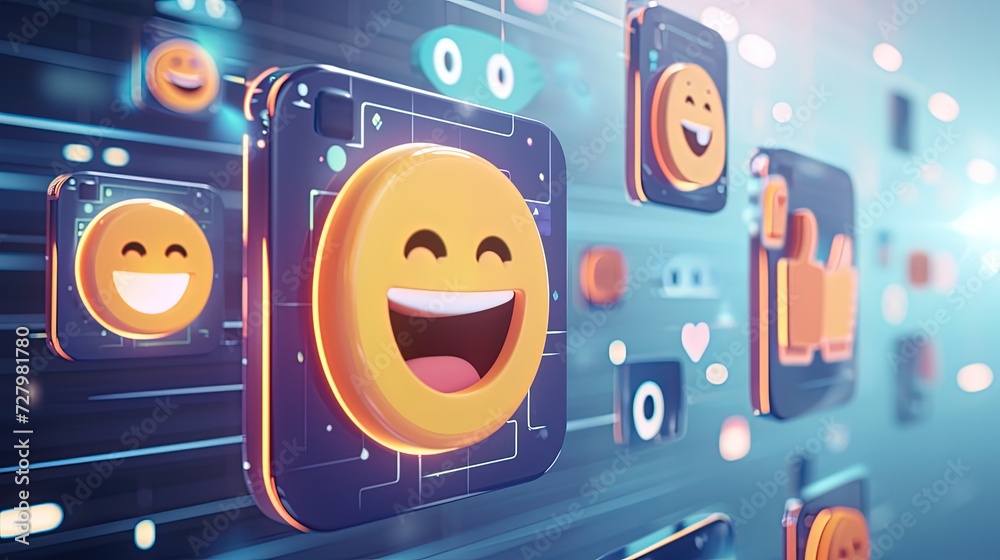 Digital 3D of vibrant emojis and social media icons floating in a ...