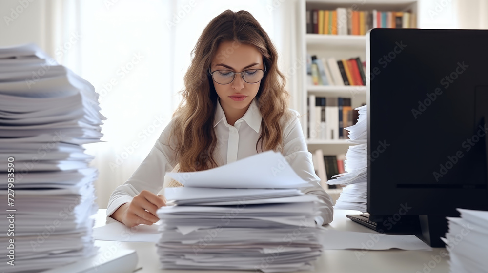 A focused woman meticulously organizing her thoughts amidst the chaos ...