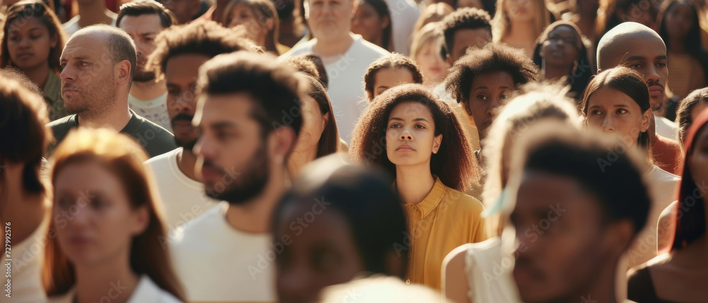 A diverse crowd of people with focused expressions, symbolizing unity ...