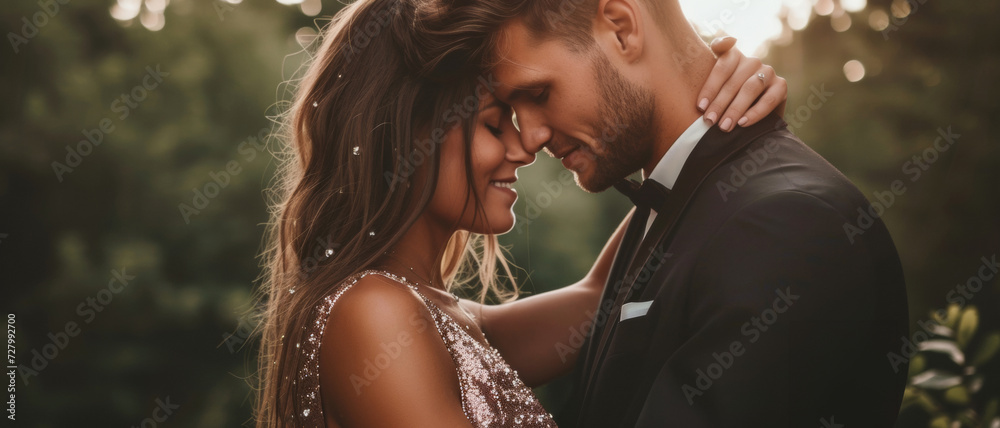 Romantic couple embracing on their wedding day, a heartfelt symbol of ...