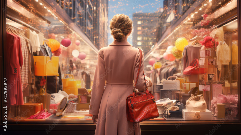 Elegant Shopper Gazing into a Glowing Boutique Window Display on a Bustling City Street Stock ...