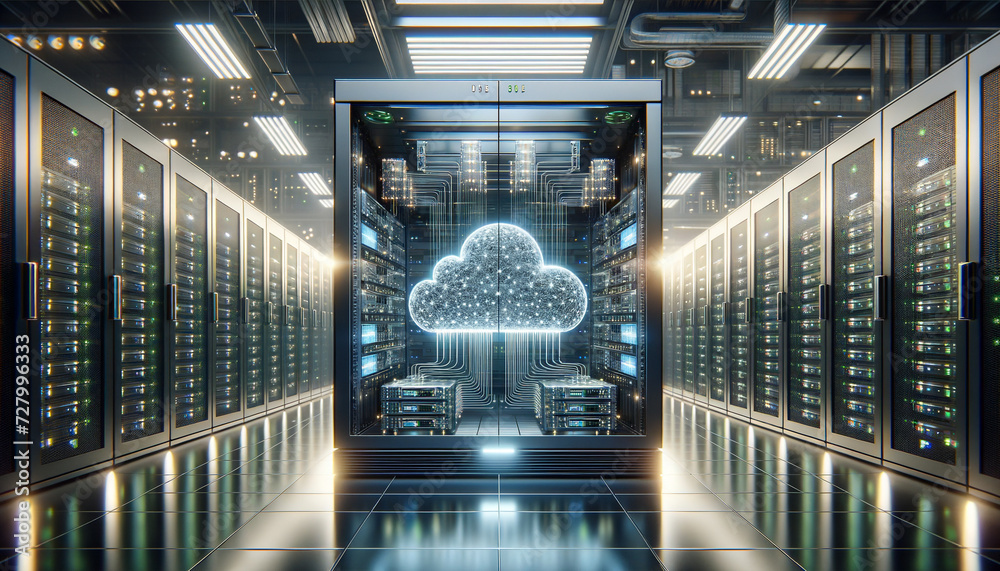 Futuristic server rack with holographic display in state-of-the-art ...