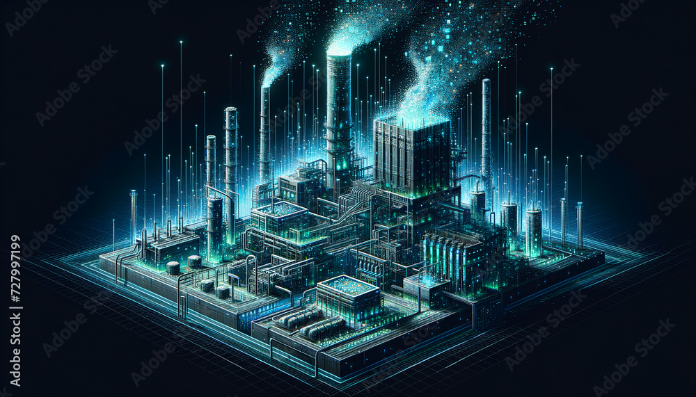 Futuristic carbon capture facility with pixelated neon disintegration ...