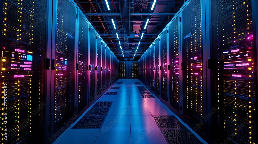 Futuristic data center with rows of illuminated high-tech server racks ...