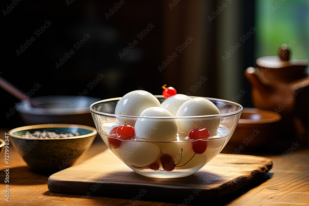 Experience the exquisite charm of Tang Yuan displayed on a rustic ...