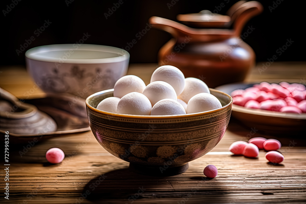 Experience the exquisite charm of Tang Yuan displayed on a rustic ...