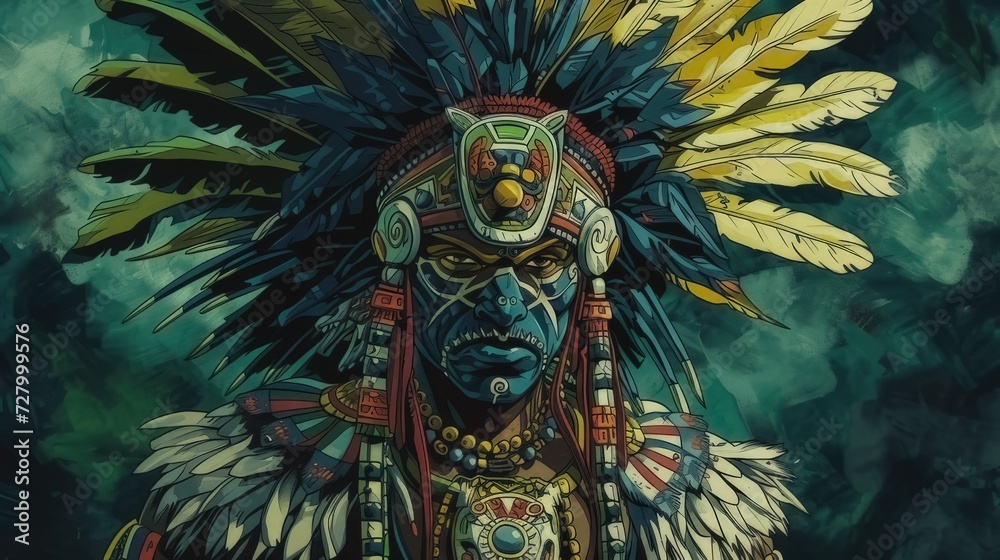 A vibrant depiction of an Aztec god is presented in a stylized portrait ...