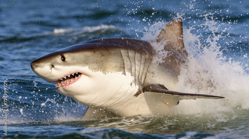 A shark, its mouth opened wide in a predatory grin, is captured mid ...