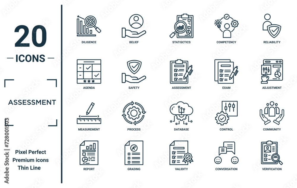 assessment linear icon set. includes thin line diligence, agenda ...