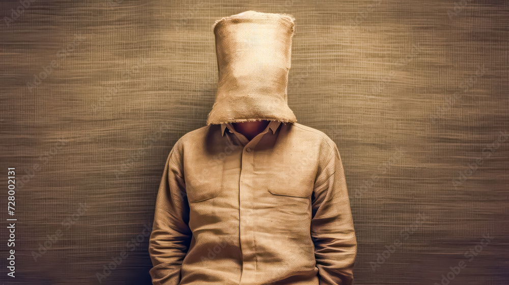 A mysterious portrait depicting a man with a paper bag on his head ...