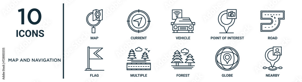 Vetor de map and navigation outline icon set such as thin line map ...