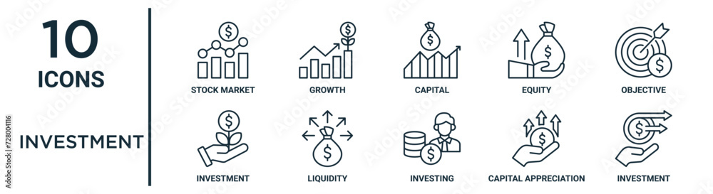 Vetor de investment outline icon set such as thin line stock market ...