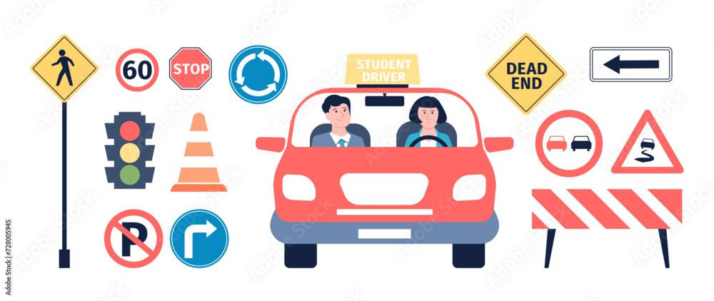 Traffic road signs. Driving school elements, young drive female student ...