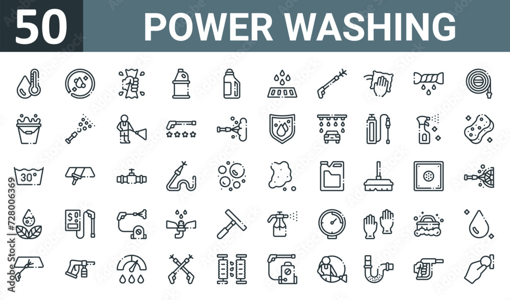 set of 50 outline web power washing icons such as water temperature ...