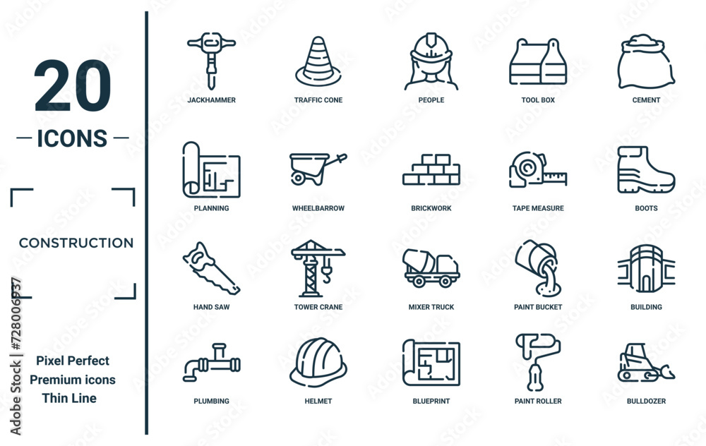 construction linear icon set. includes thin line jackhammer, planning, hand saw, plumbing ...