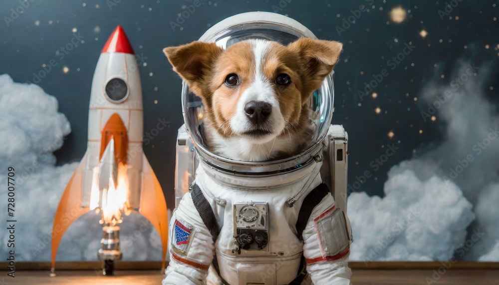 A dog dressed as an astronaut looking towards the camera with space ...
