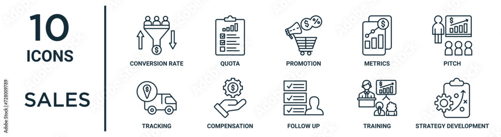 sales outline icon set such as thin line conversion rate, promotion ...