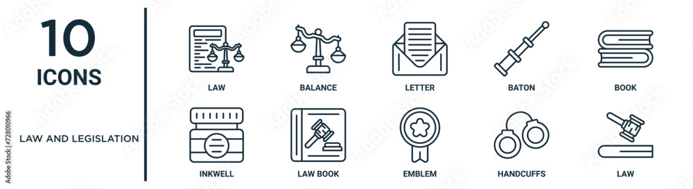 Vecteur Stock law and legislation outline icon set such as thin line ...