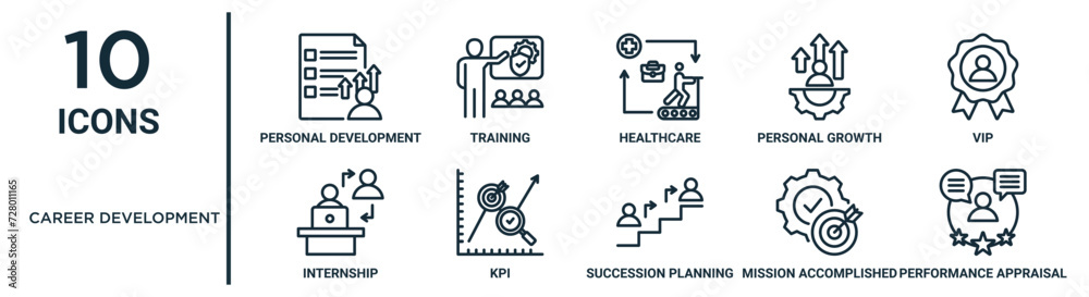 Vetor de career development outline icon set such as thin line personal development, healthcare ...