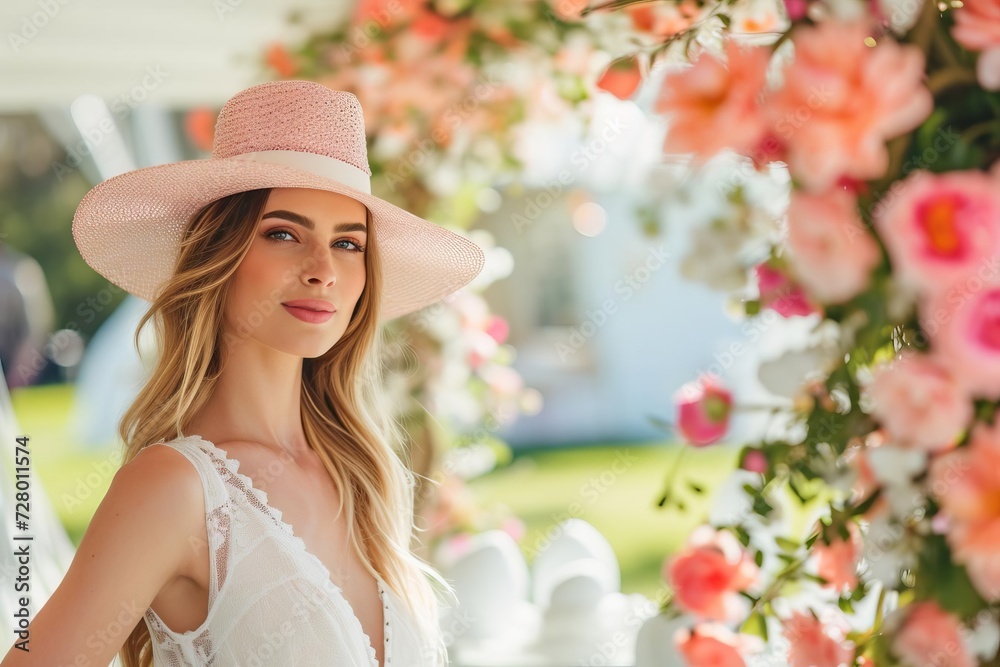 Elegant woman in spring fashion attire participating in an upscale ...