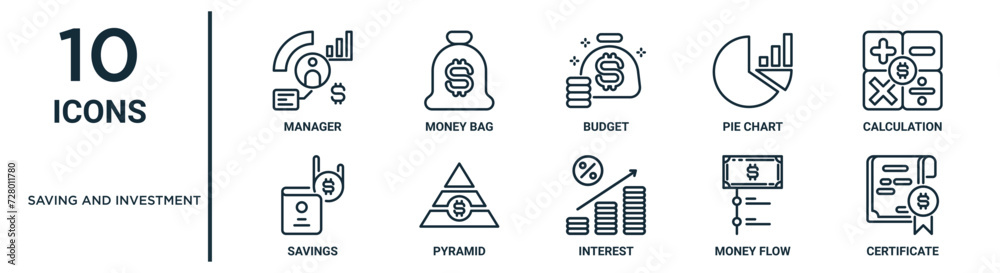 Vecteur Stock saving and investment outline icon set such as thin line ...