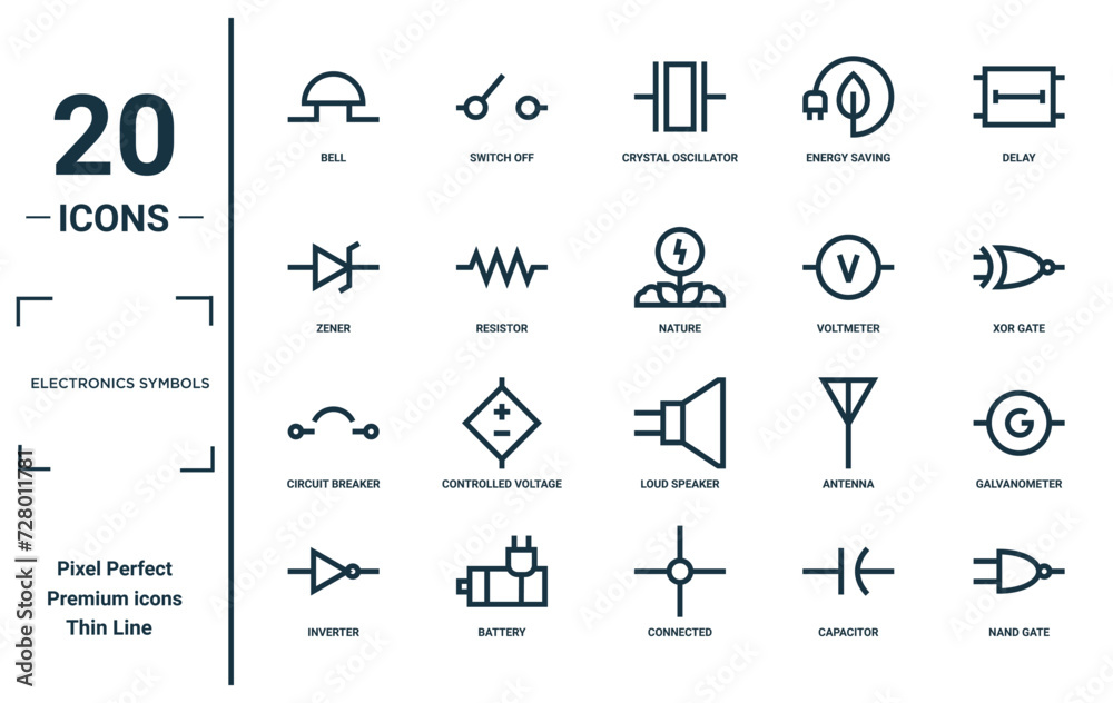 Vetor de electronics symbols linear icon set. includes thin line bell ...
