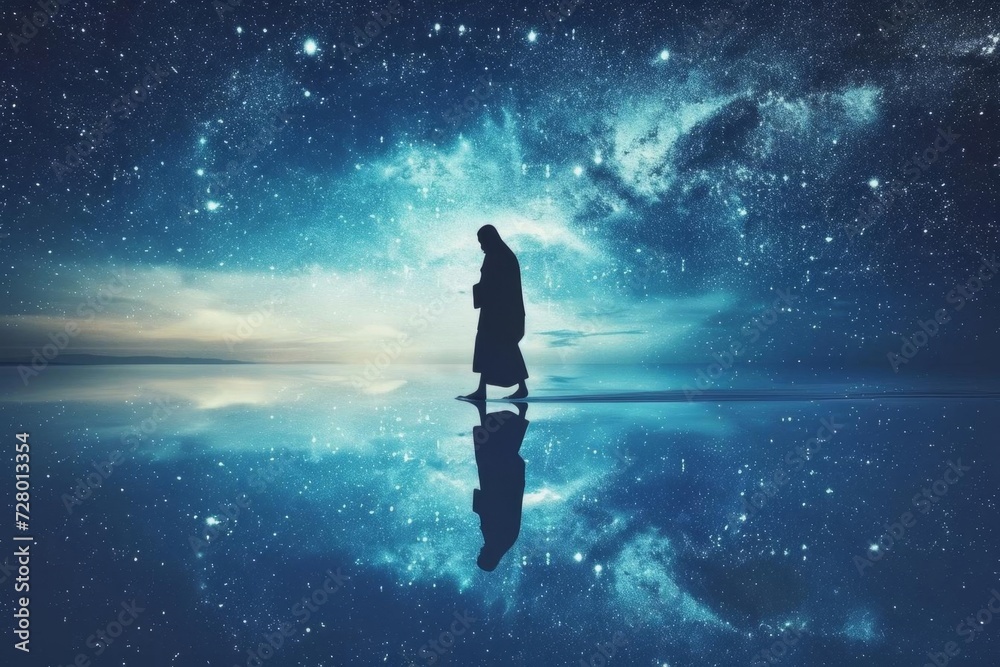 Jesus walking on water under a starlit sky His reflection mirroring on ...