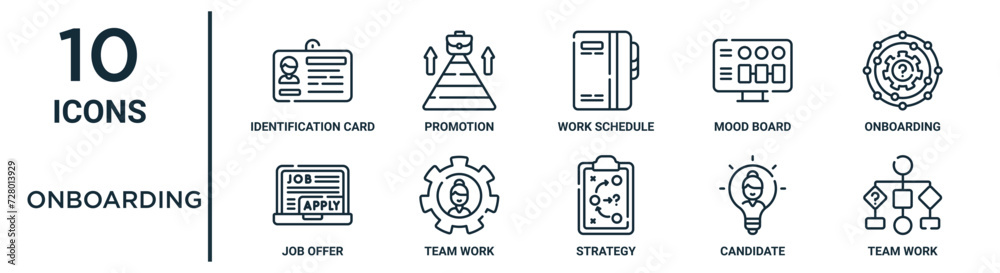 onboarding outline icon set such as thin line identification card, work ...