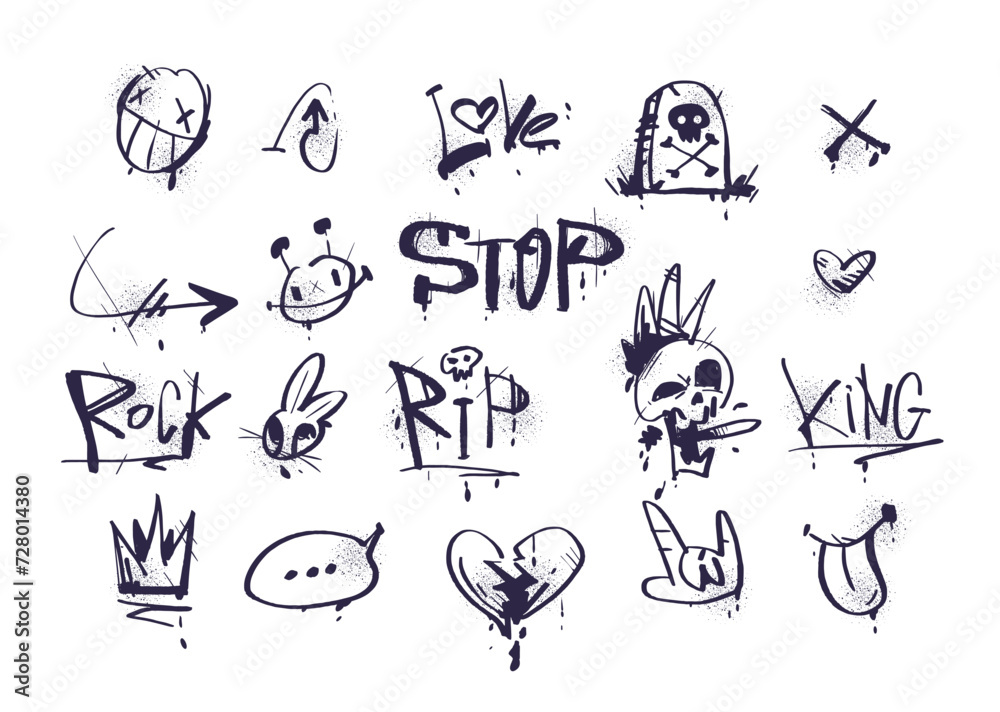 Spray wall graffiti elements. Graffiti scratch word brush aerosol ...