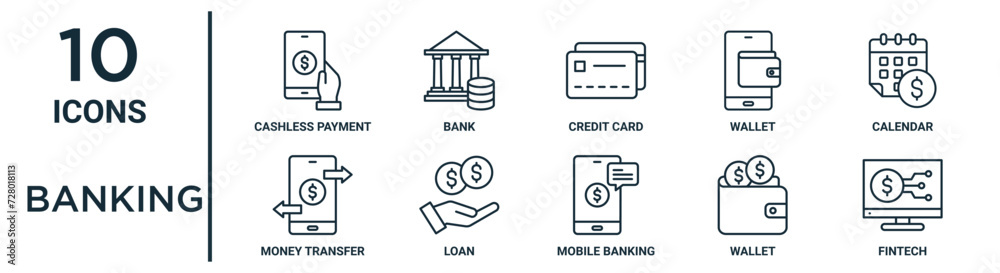 banking outline icon set such as thin line cashless payment, credit ...