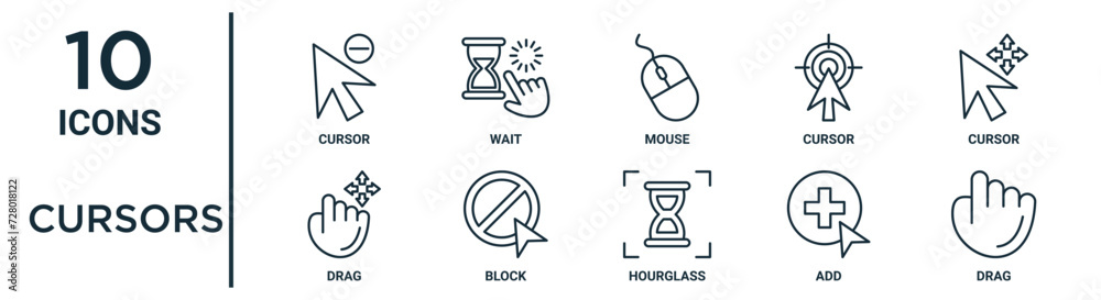 cursors outline icon set such as thin line cursor, mouse, cursor, block ...