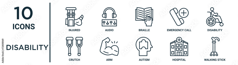 disability outline icon set such as thin line injured, braille ...