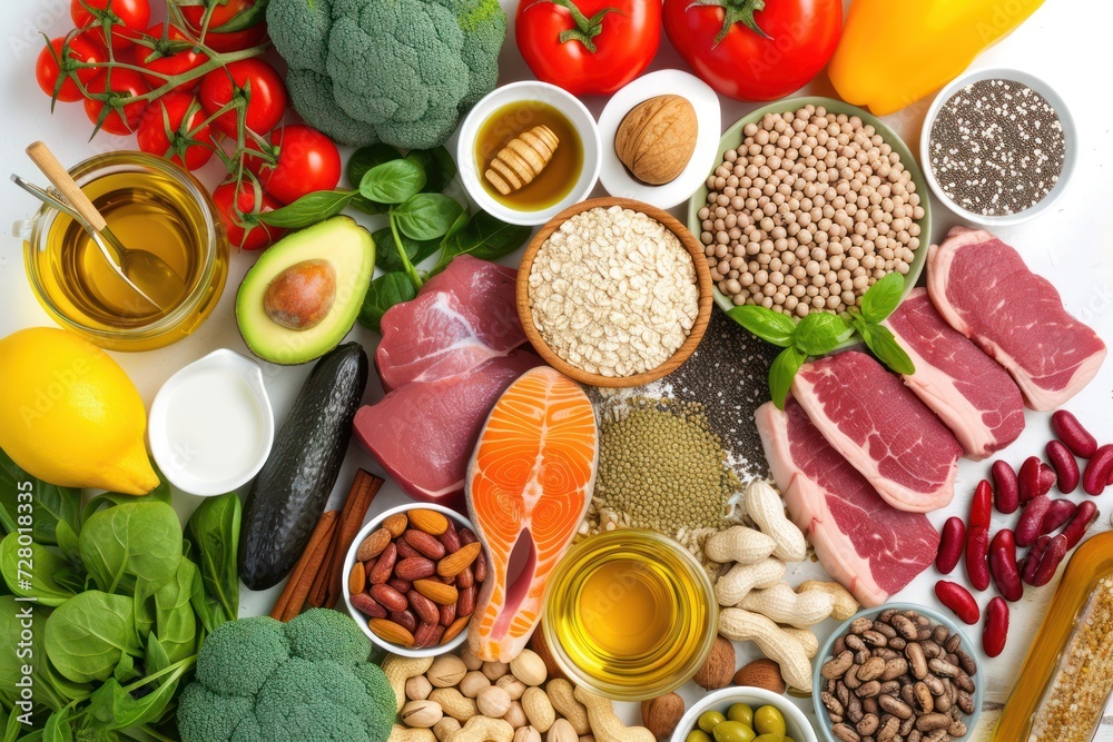 Food pyramid: Top view of various kinds of multicolored food types ...