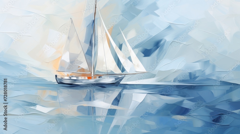 Ethereal watercolor: a sail gracefully sails in blue sea fog - a cubist ...