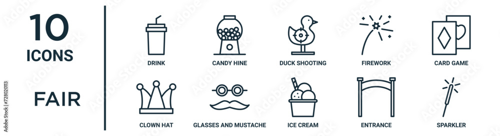 fair outline icon set such as thin line drink, duck shooting, card game ...
