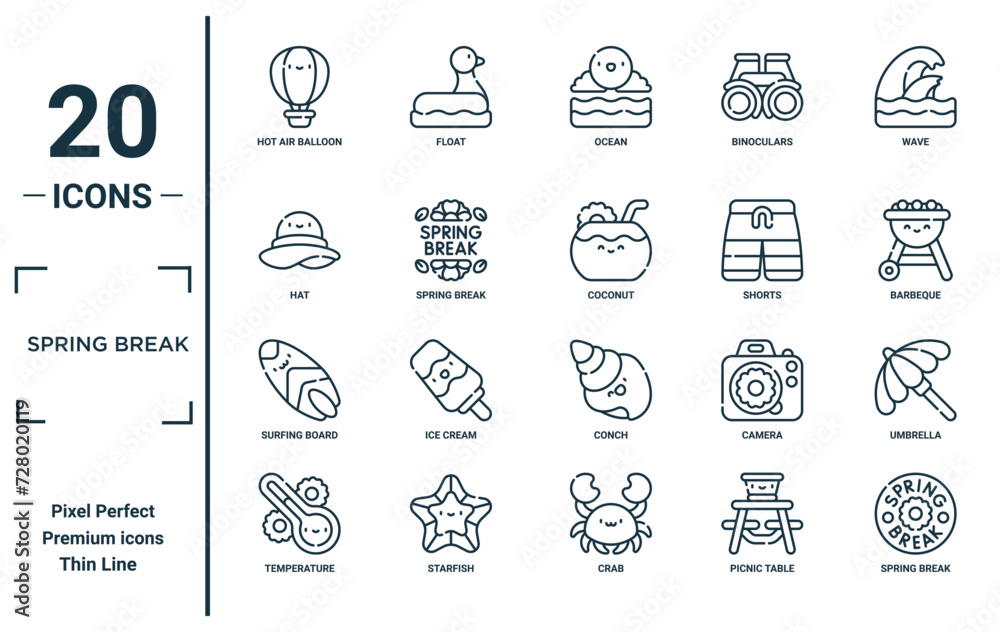 spring break linear icon set. includes thin line hot air balloon, hat ...