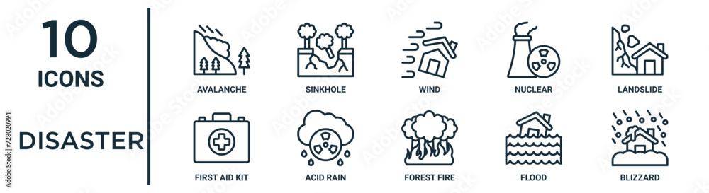 disaster outline icon set such as thin line avalanche, wind, landslide ...