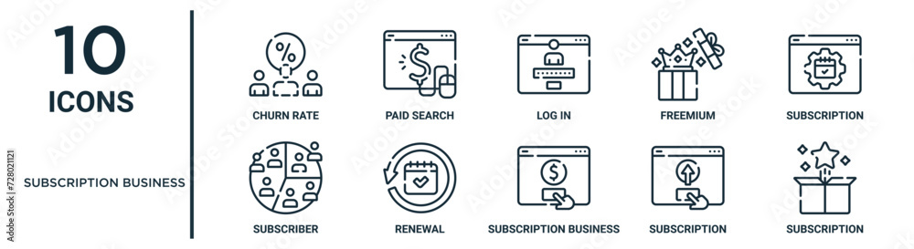 subscription business outline icon set such as thin line churn rate ...
