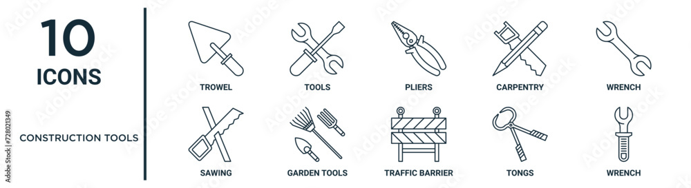 construction tools outline icon set such as thin line trowel, pliers ...