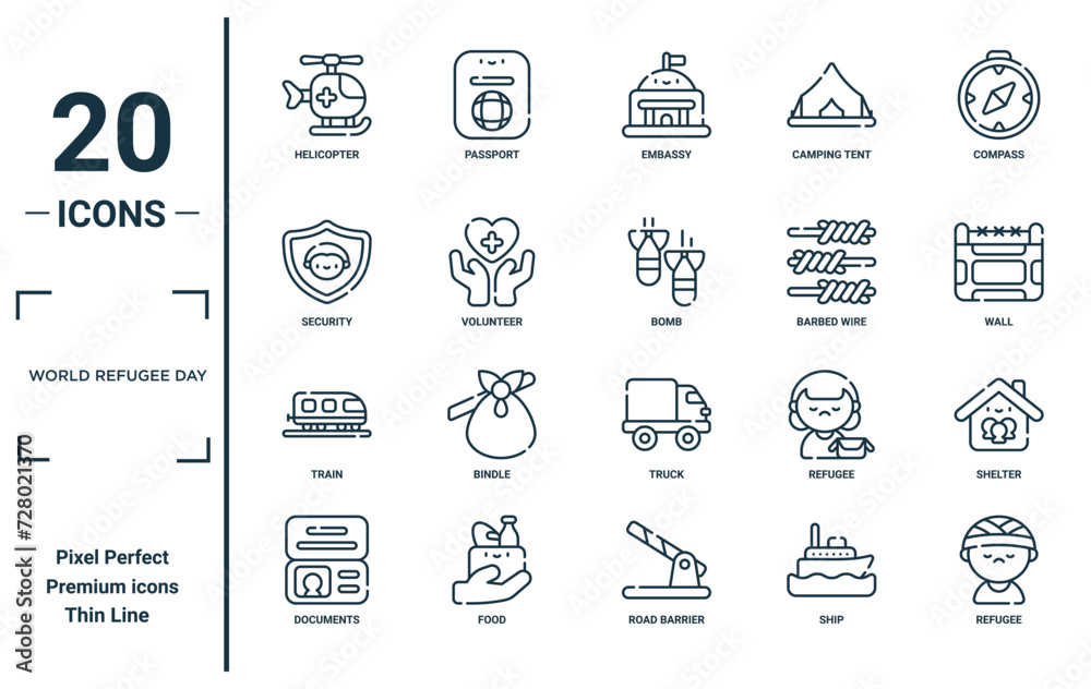 world refugee day linear icon set. includes thin line helicopter ...