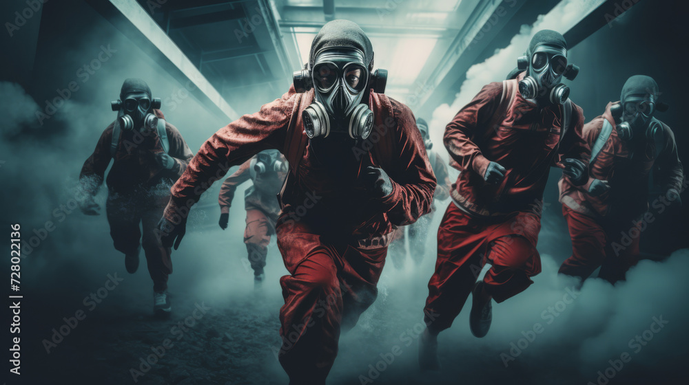 Menacing Approach of a Group in Gas Masks and Orange Hazmat Suits ...