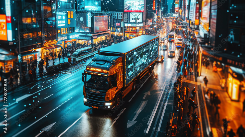 Evening Bus Route in Neon City. A public bus drives through a neon-lit ...