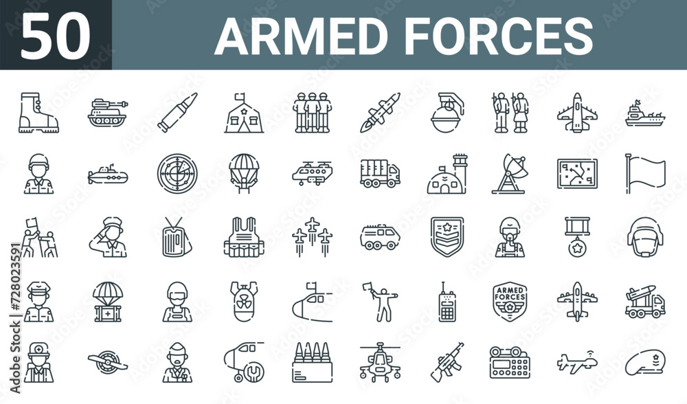 set of 50 outline web armed forces icons such as boot, tank, bullet ...