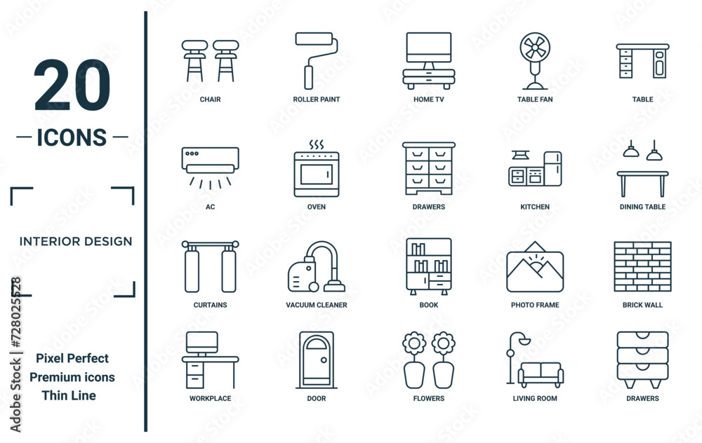 interior design linear icon set. includes thin line chair, ac, curtains ...