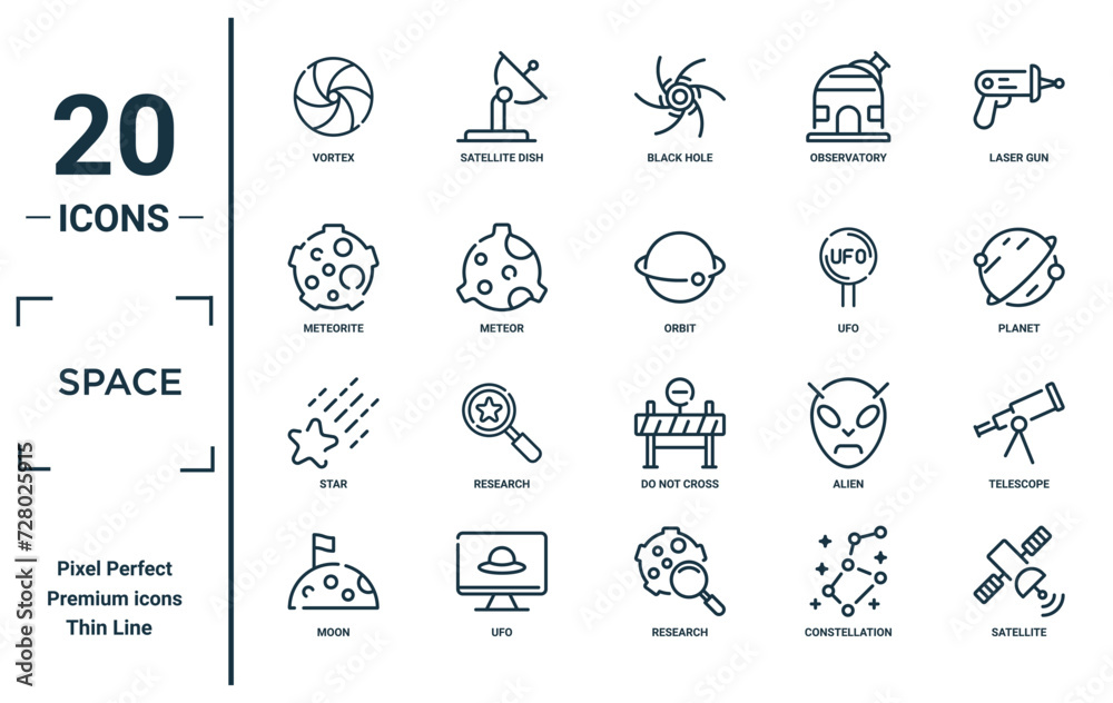 space linear icon set. includes thin line vortex, meteorite, star, moon ...