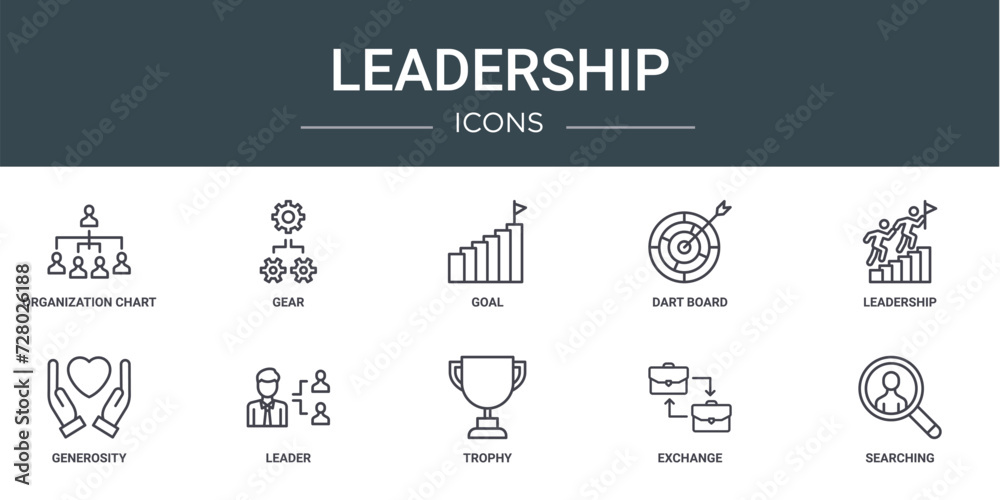 set of 10 outline web leadership icons such as organization chart, gear ...