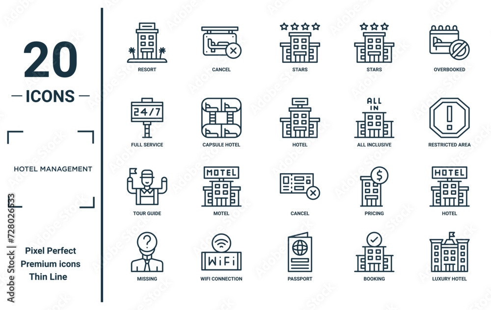 hotel management linear icon set. includes thin line resort, full ...